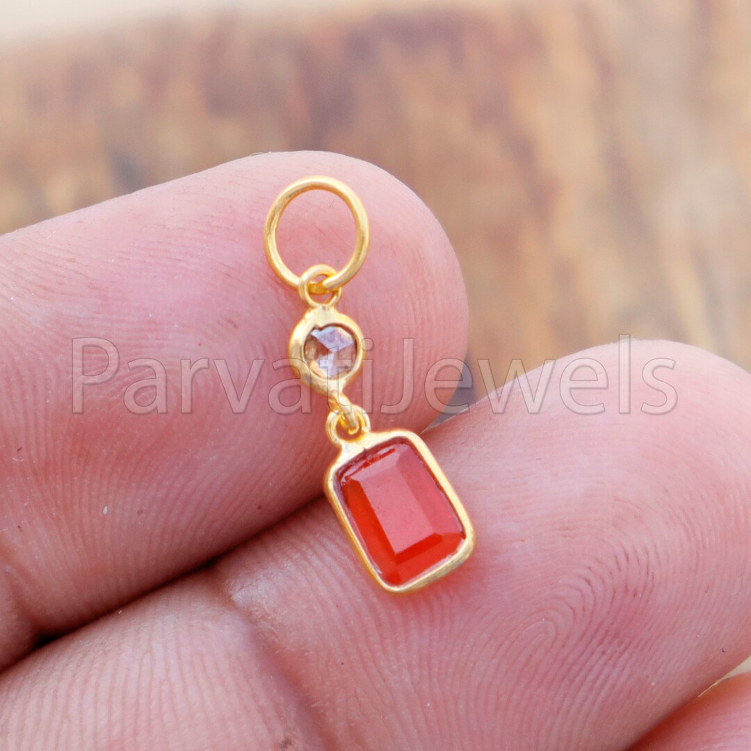 Natural Carnelian & Natural Rose Cut Diamond Charm, 18k Solid Gold ...