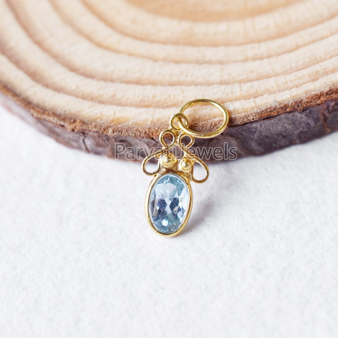AA Blue Topaz Charm, 18K Solid Gold Charm, Natural Blue Topaz Oval ...