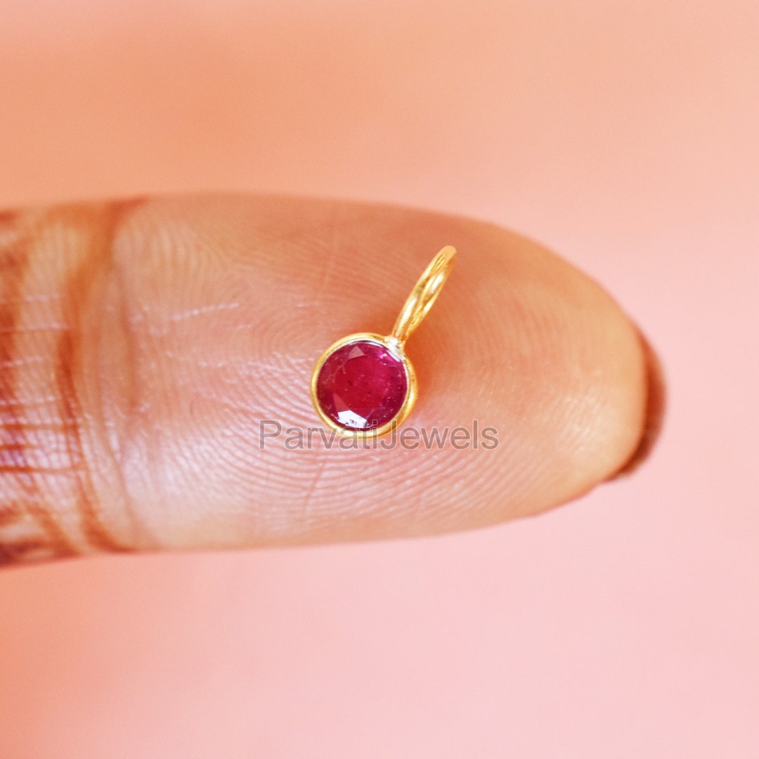 Natural Ruby Gemstone 18K Solid Gold Charm Pendant, Round Shape Ruby ...