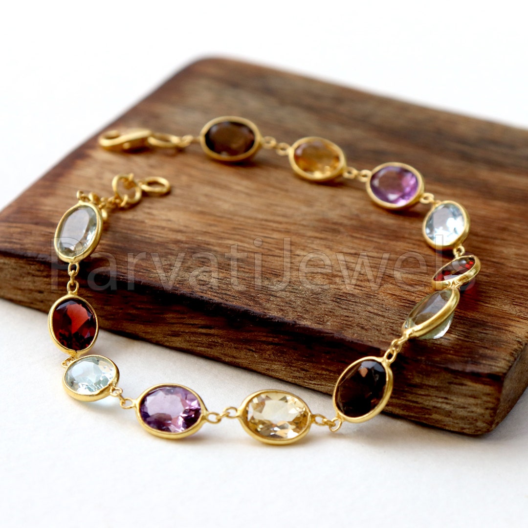 Multi Gemstone Bracelets, 18k Solid Gold Bracelets, Handmade Gold ...