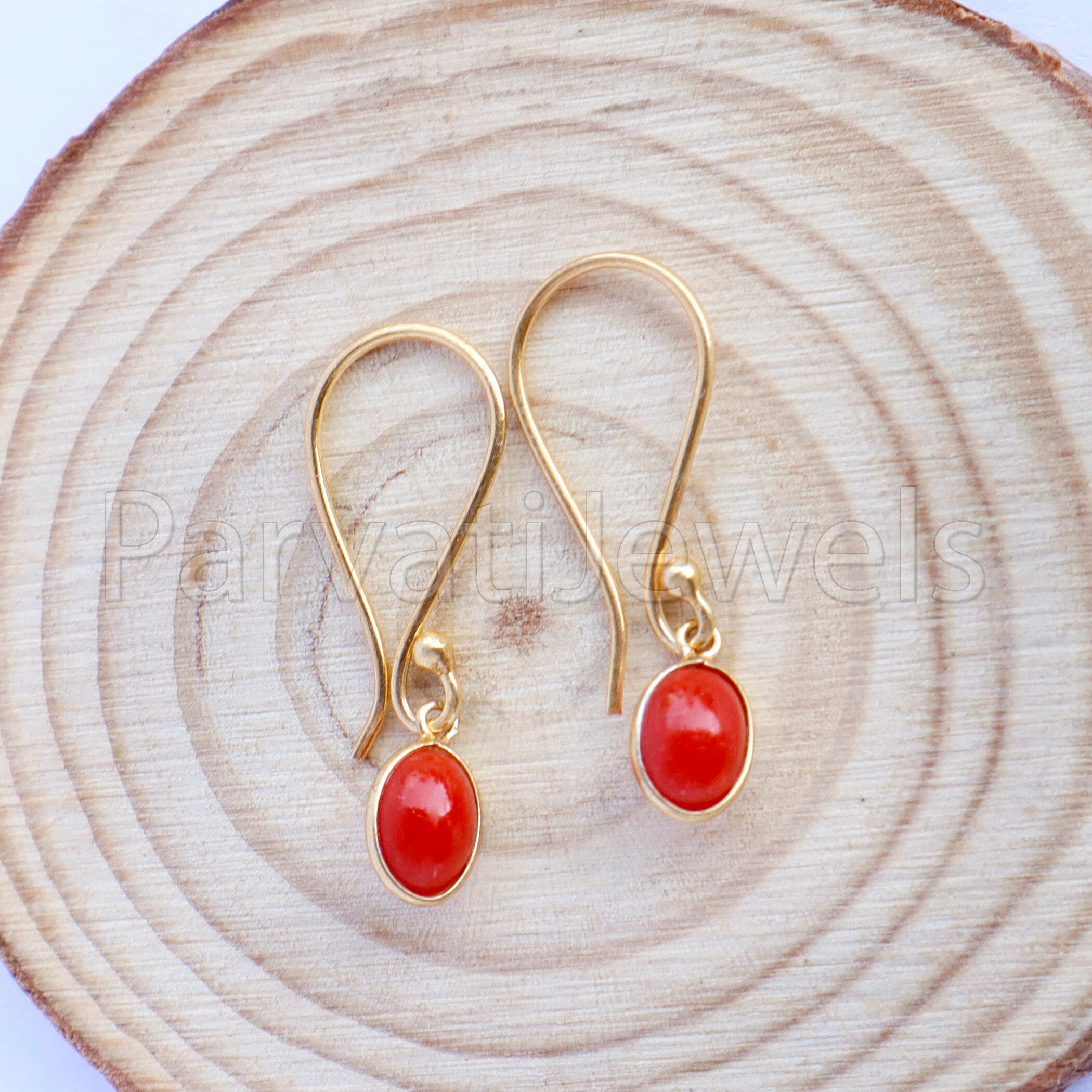 Natural Red Coral 18K Gold Dangle Earrings, Handmade - Etsy