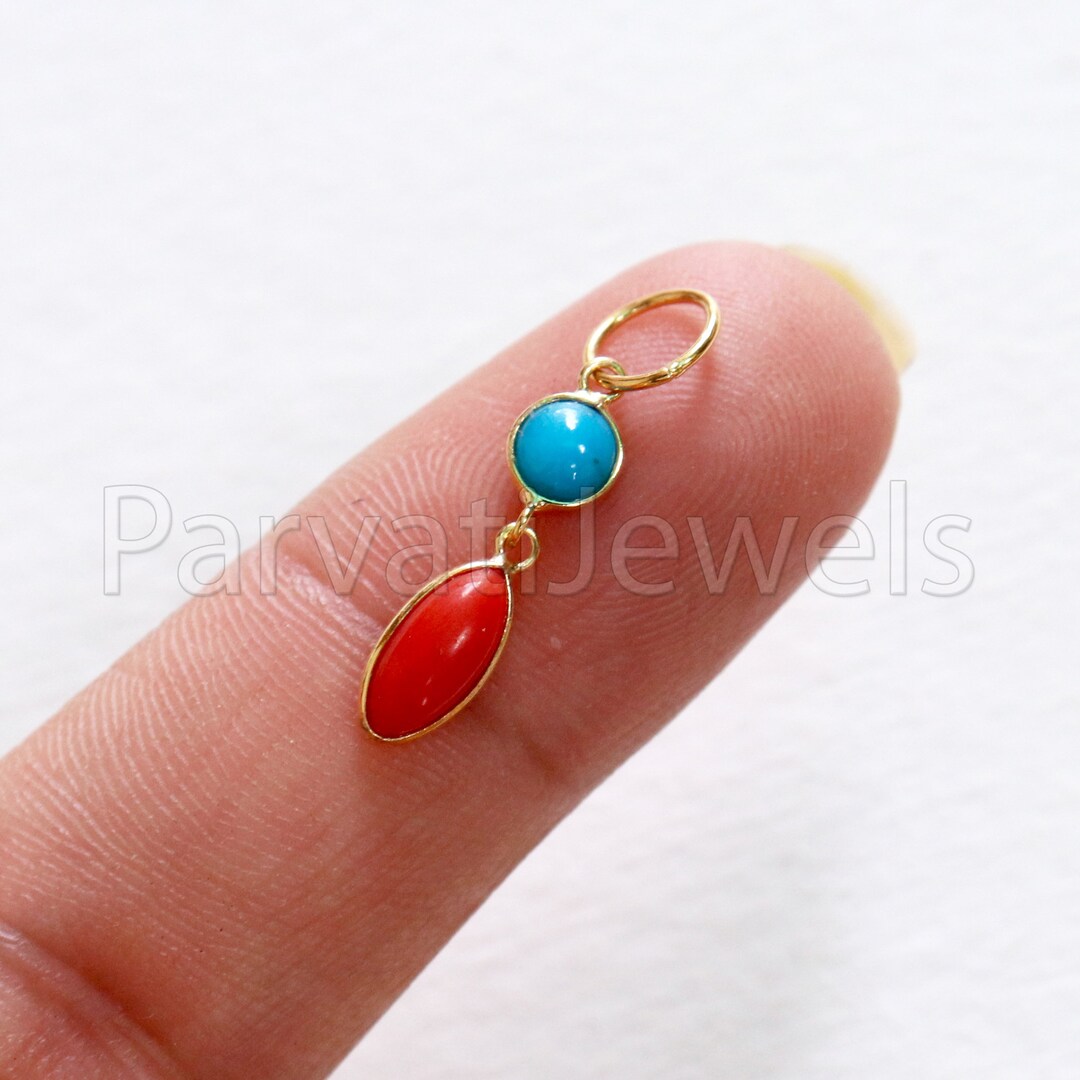 Red Coral and Turquoise Charm, 18k Solid Gold Charm, Natural Coral ...
