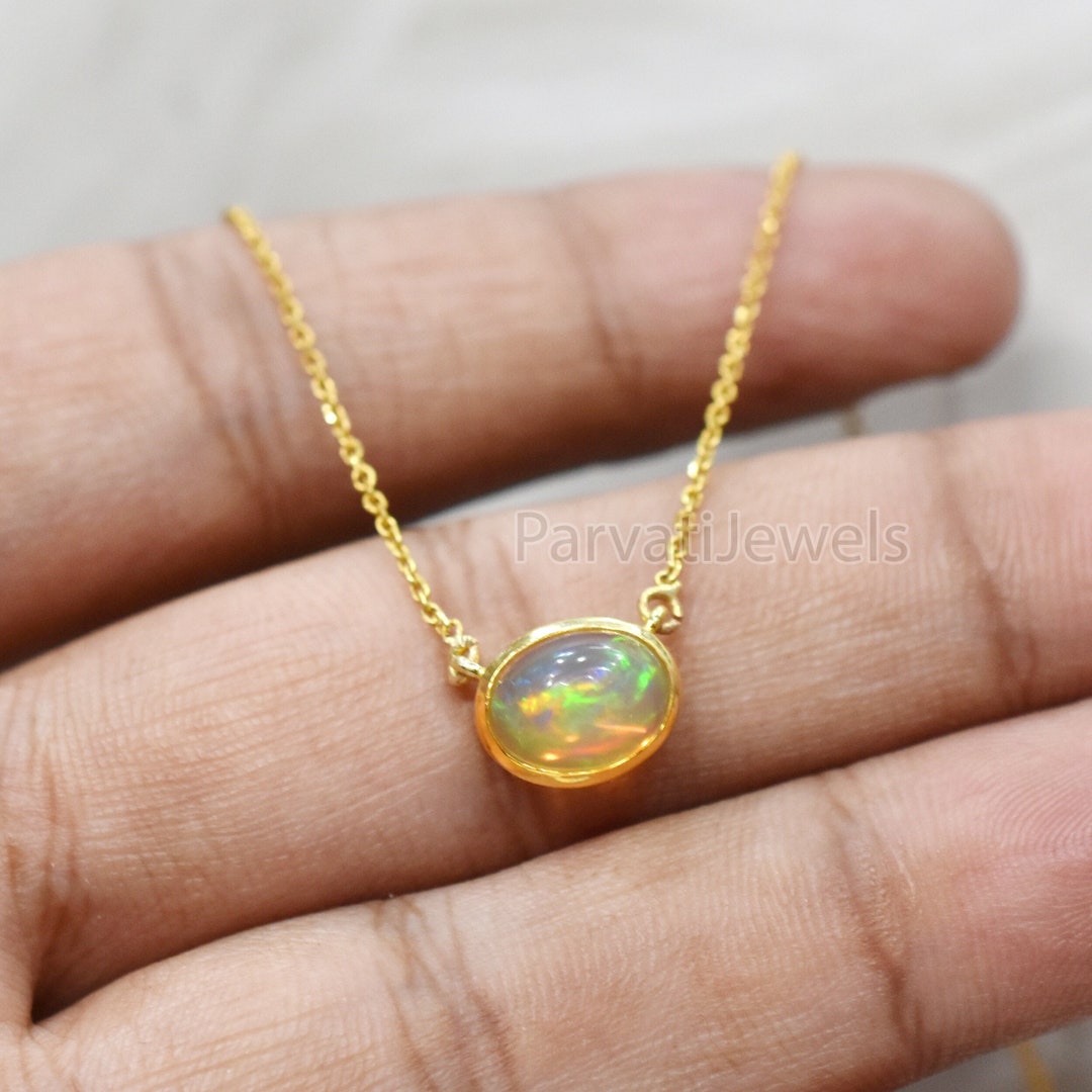 Natural Fire Opal 18k Solid Gold Charm Necklace Jewelry, Oval Shape ...
