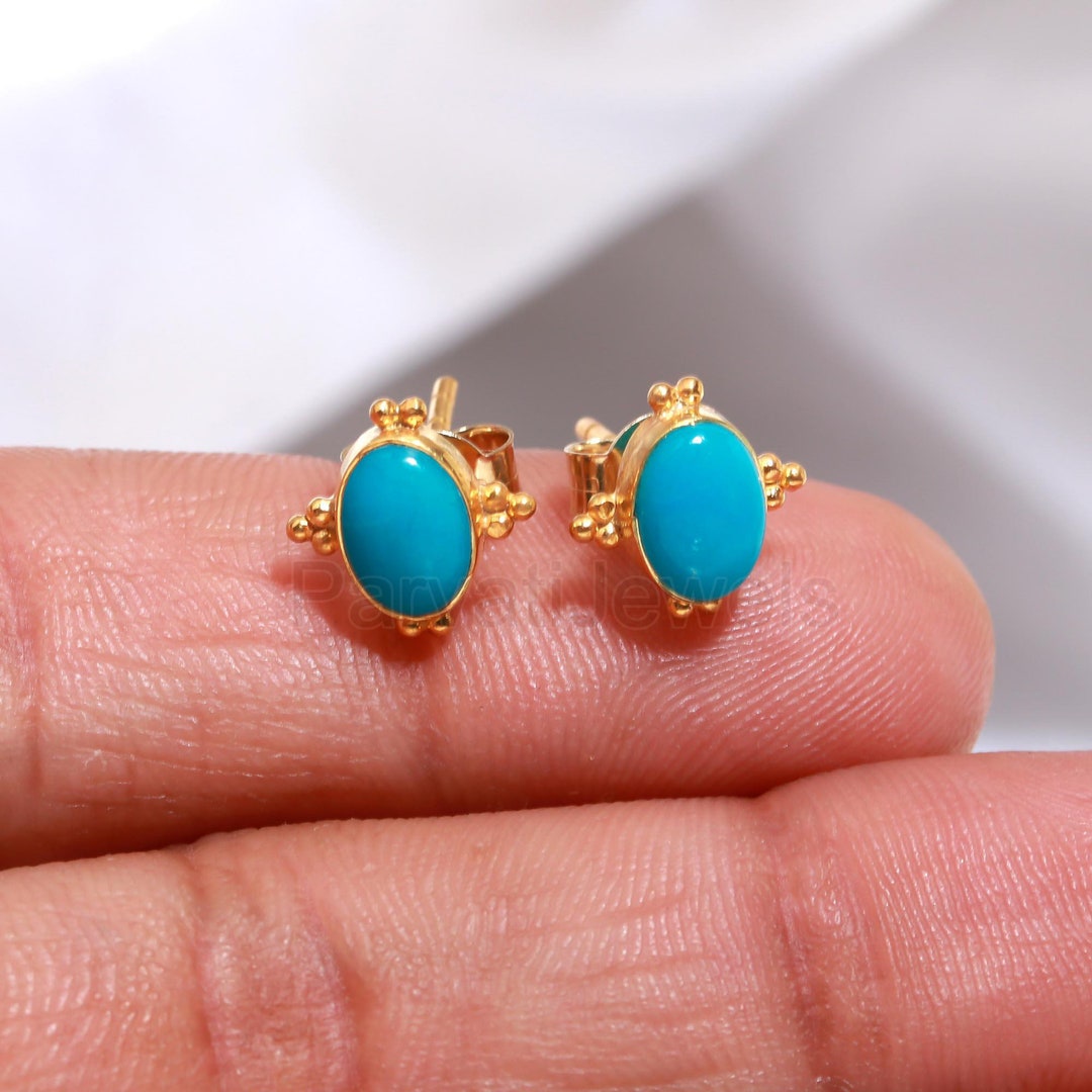 Natural Sleeping Beauty Turquoise Earrings, Solid 14k Gold Stud ...