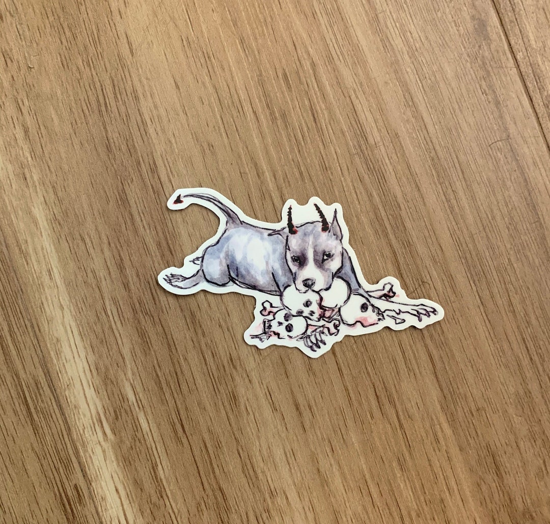 Hell Hound Sticker, Bowser Dog Sploot Drawing Watercolor Horns Devil ...