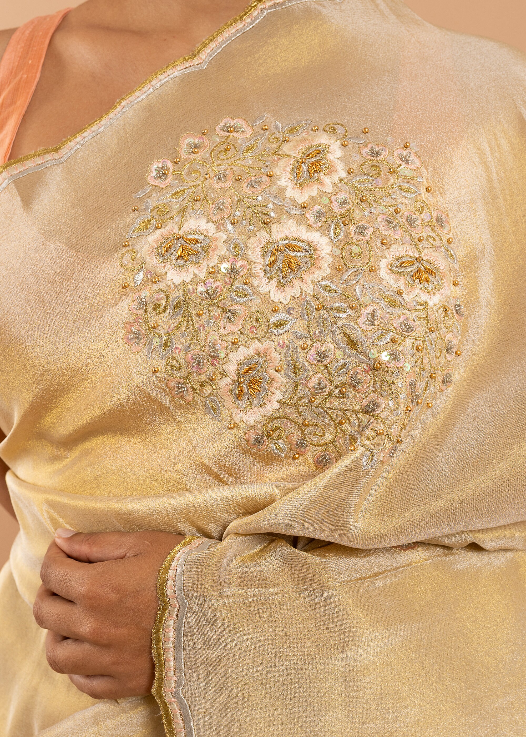 Gold Silk Blend Gold Silk Thread and Beads Handwork Saree Festive ...