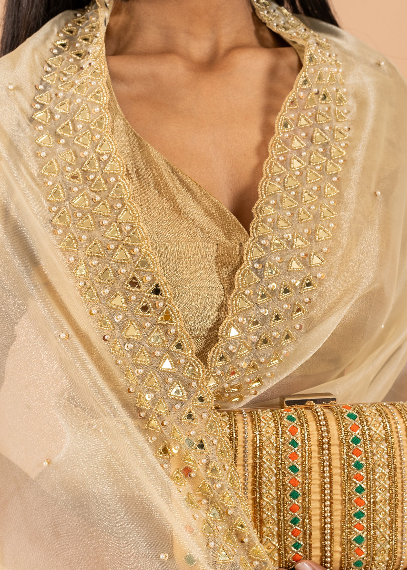 Gold Organza Saree With Gold Glasswork Thread and Zari Handwork and ...