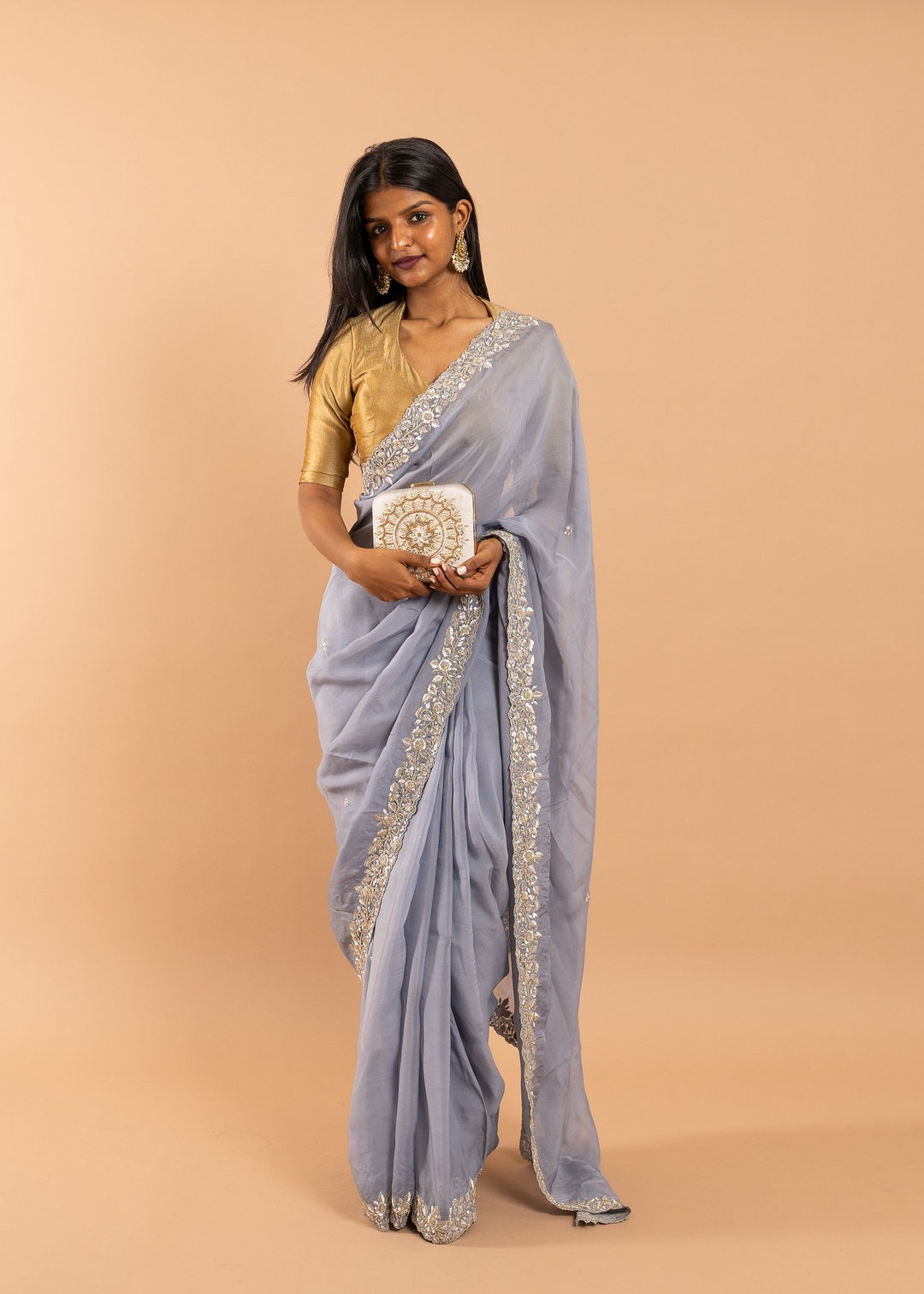 Gray Saree With Silk Thread and Beads Handwork Embroidery Organza Saree ...