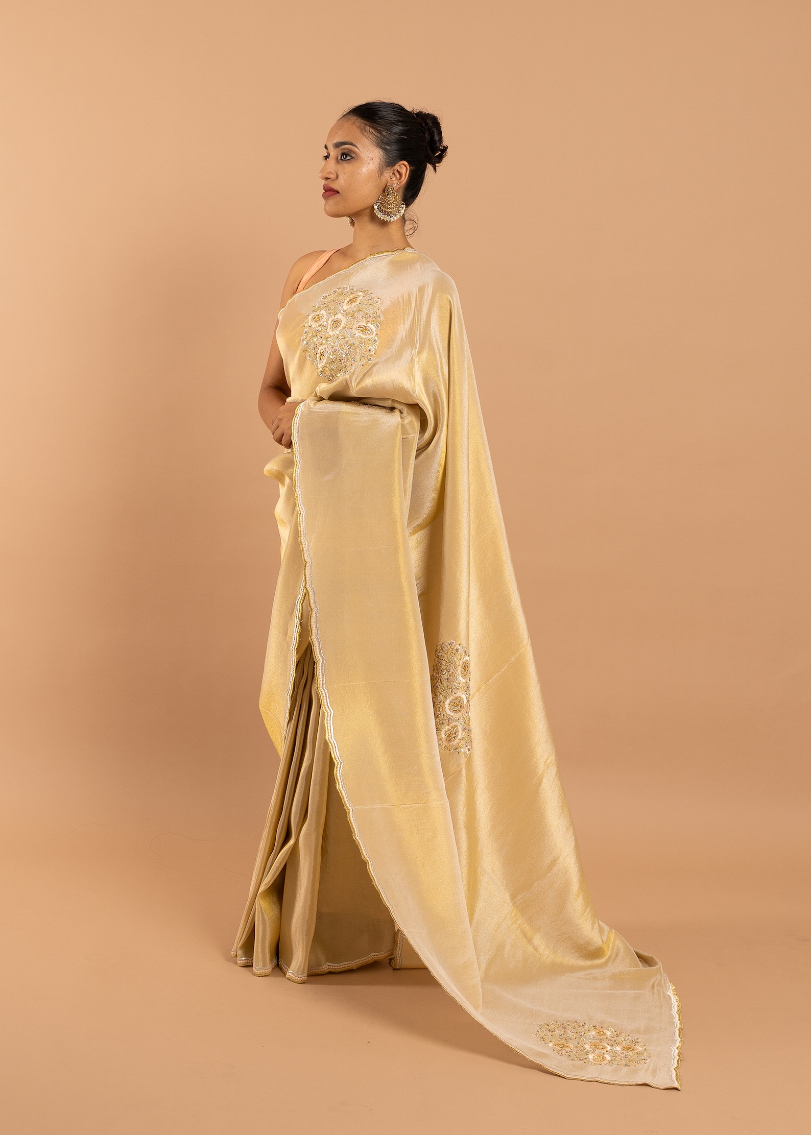 Gold Silk Blend Gold Silk Thread and Beads Handwork Saree Festive ...