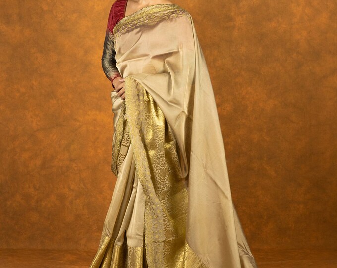 Gold and Beige Silk Embroidered Saree Scallop and Gold Tassels, Festive ...