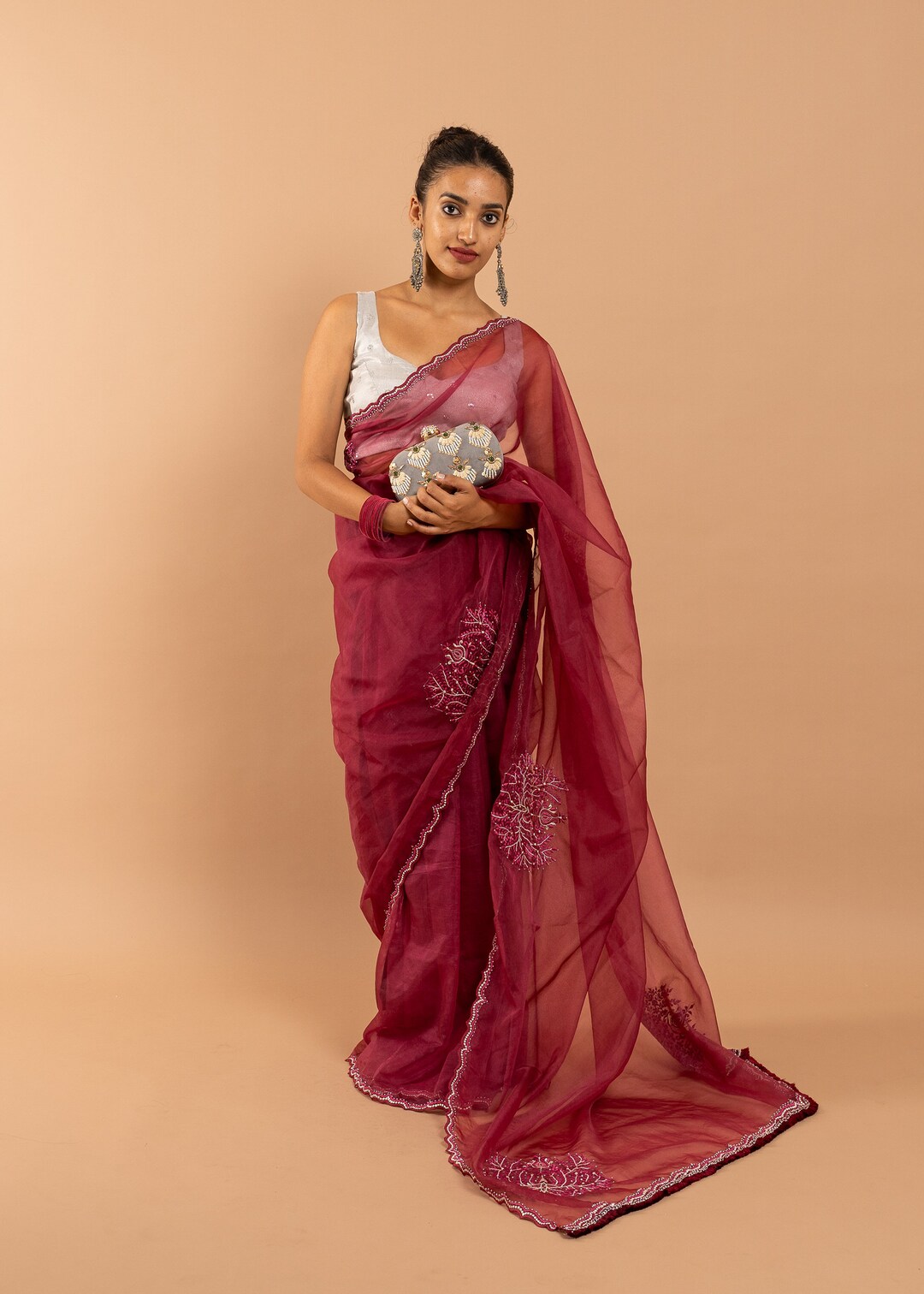 Red Saree With Silk Thread and Beads Handwork Embroidery Organza Saree ...