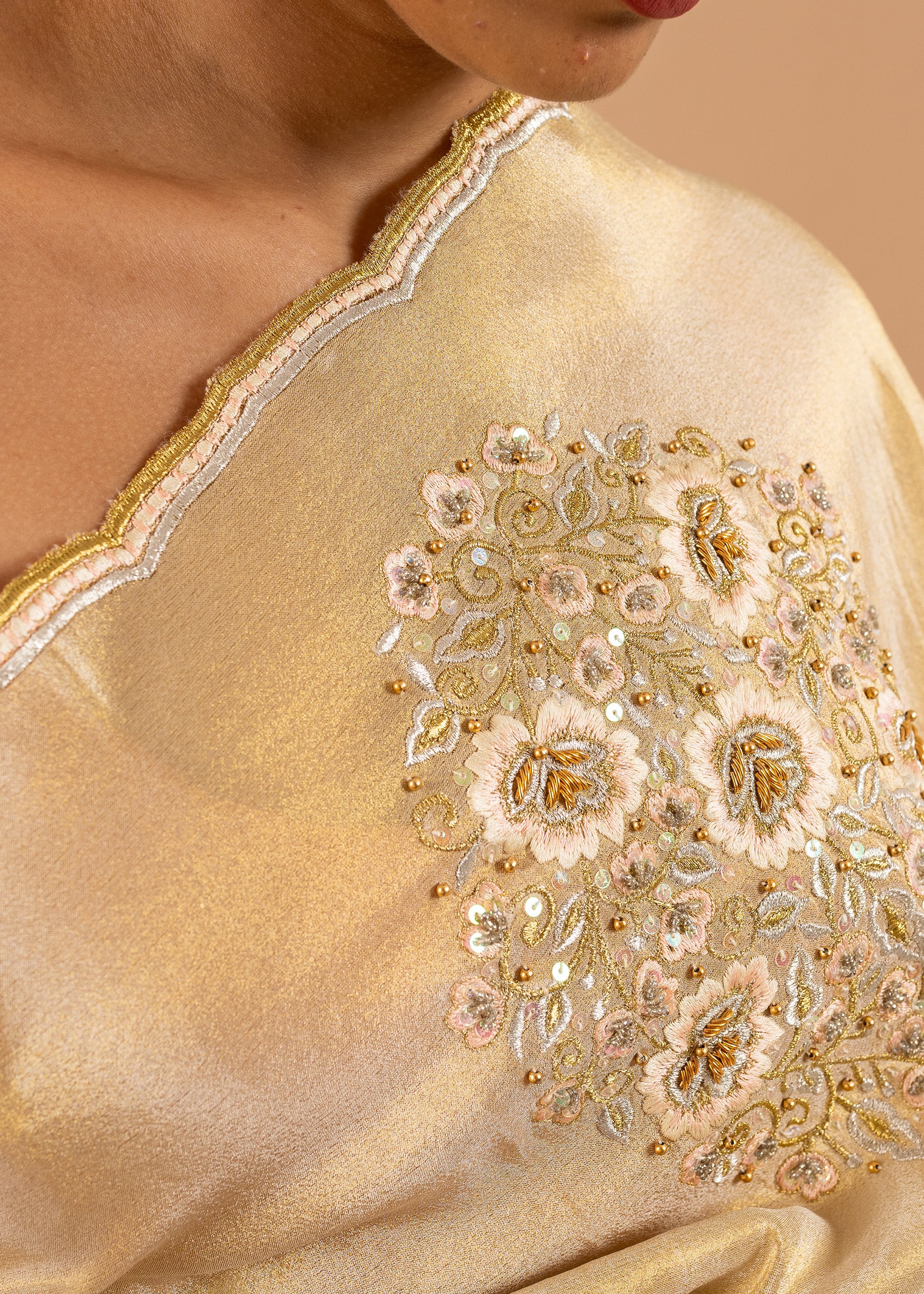 Gold Silk Blend Gold Silk Thread and Beads Handwork Saree Festive ...