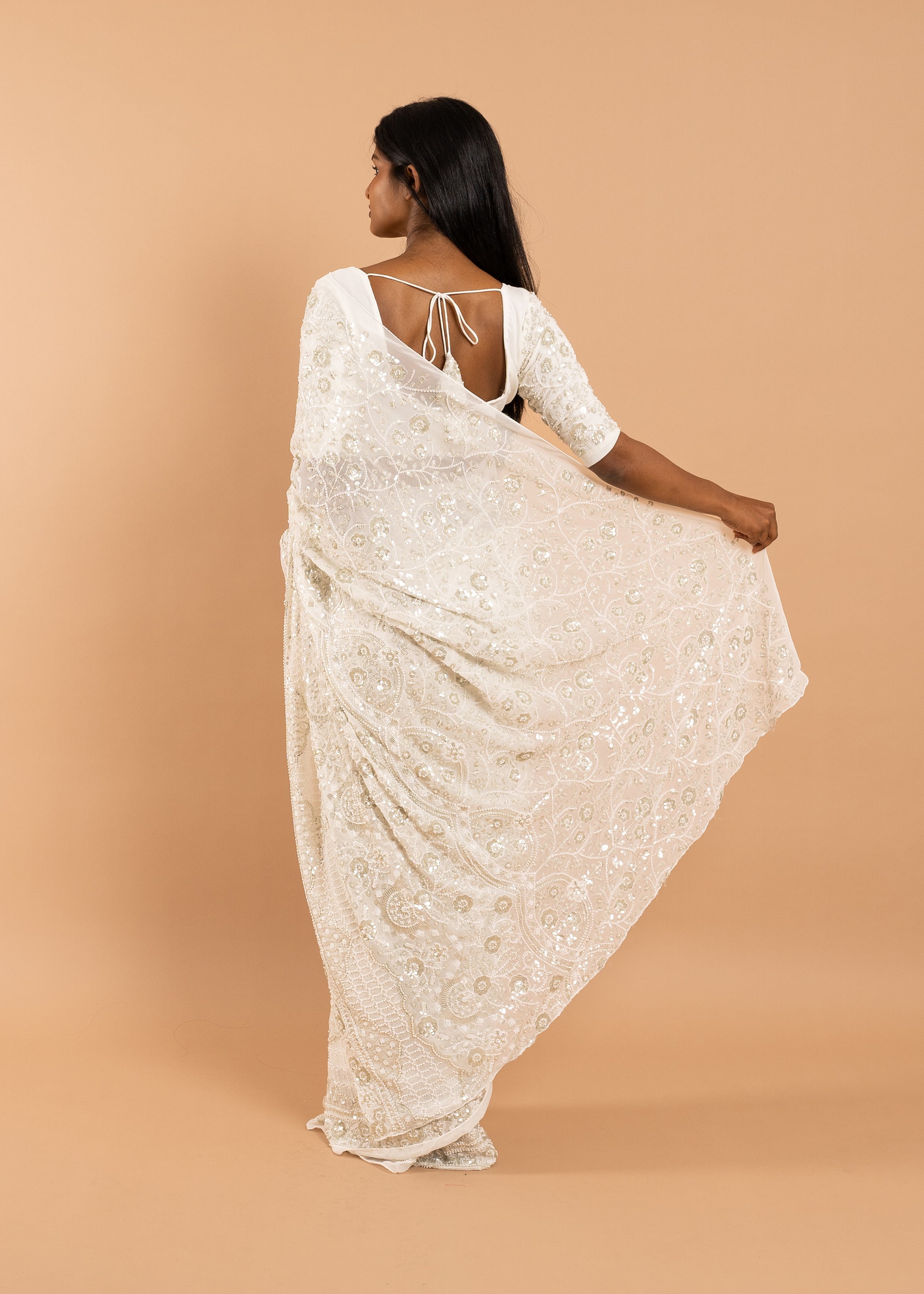 Ivory Saree With White Silk Thread and Sequins Handwork Embroidery ...