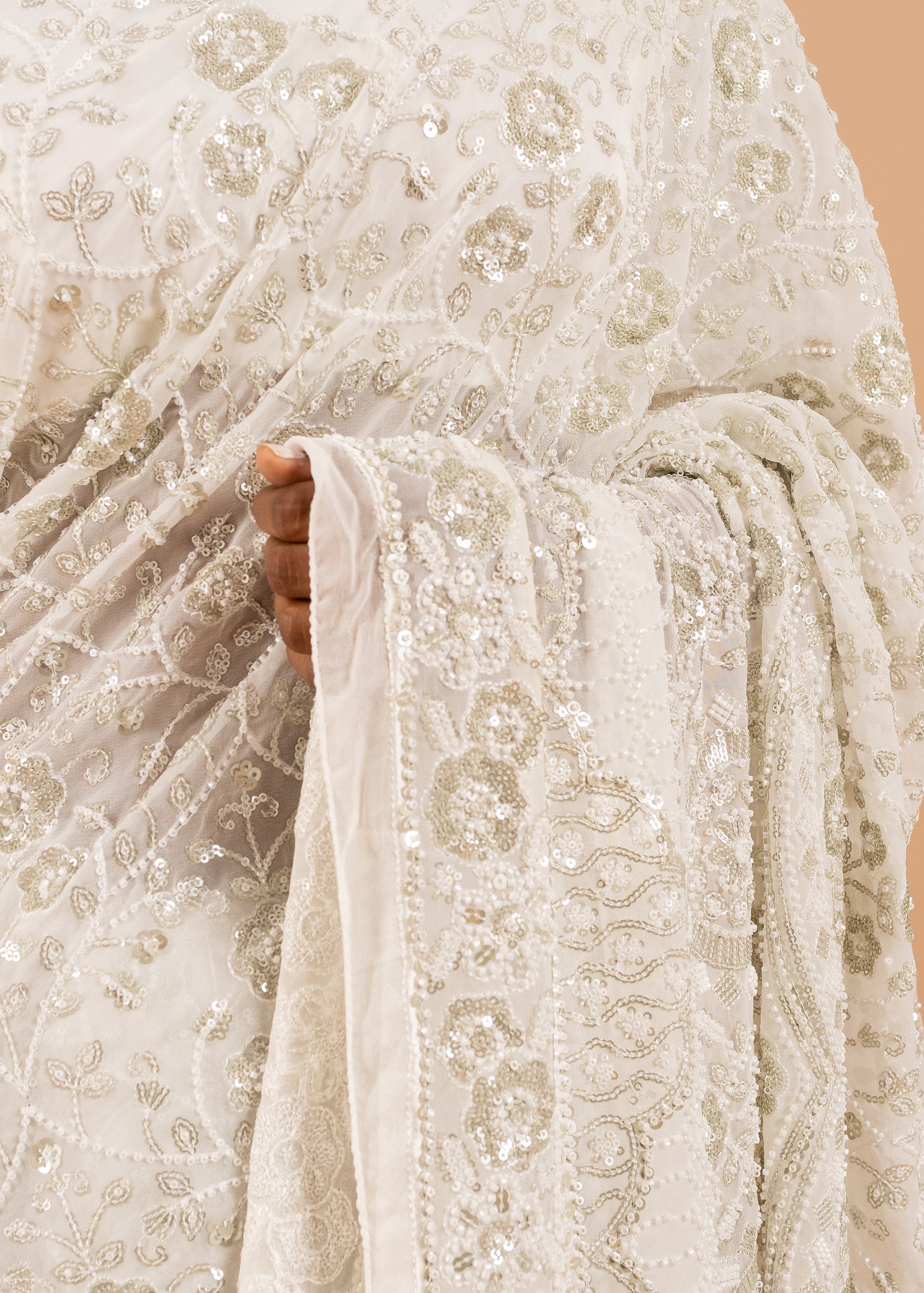 Ivory Saree With White Silk Thread and Sequins Handwork Embroidery ...