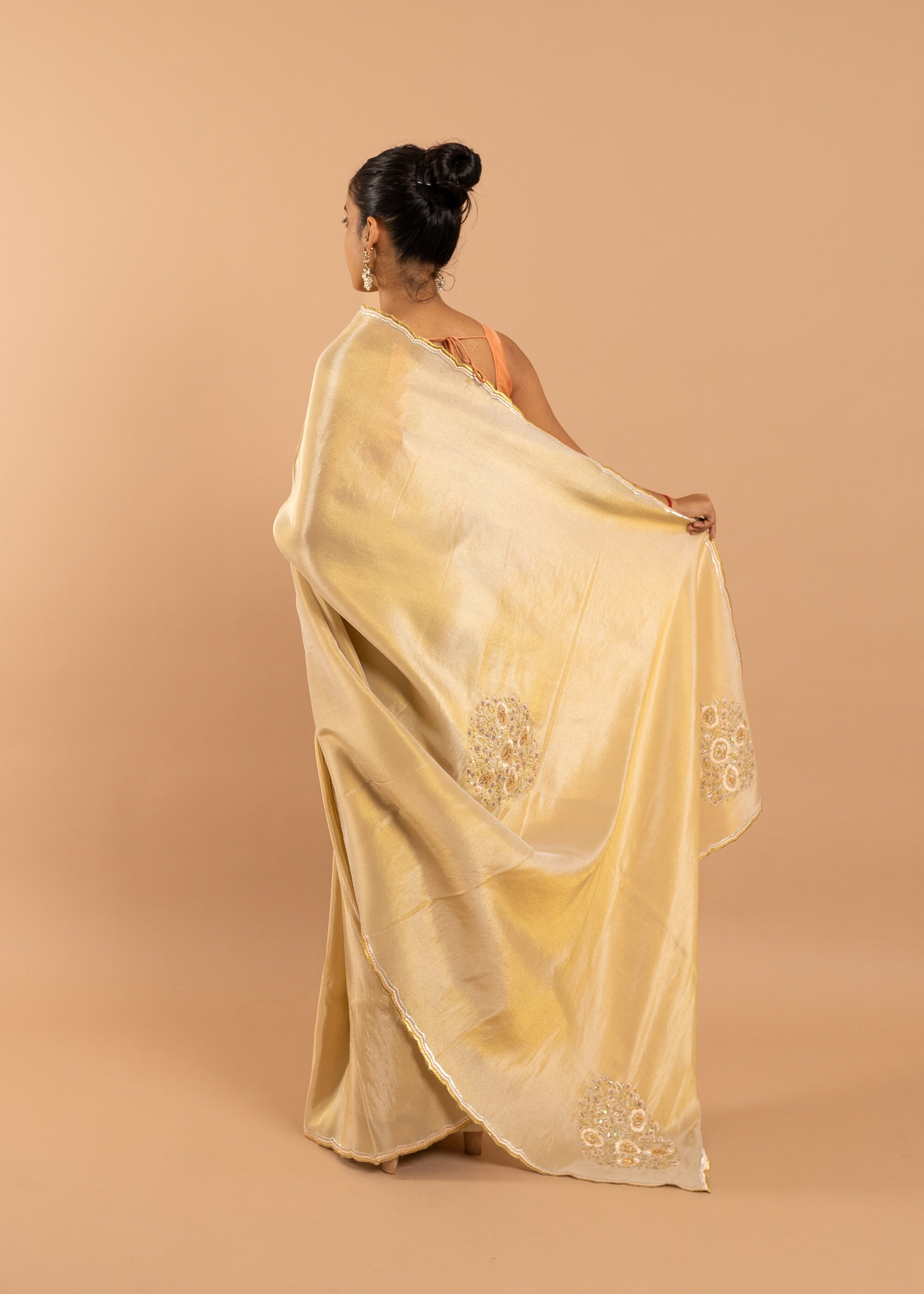Gold Silk Blend Gold Silk Thread and Beads Handwork Saree Festive ...