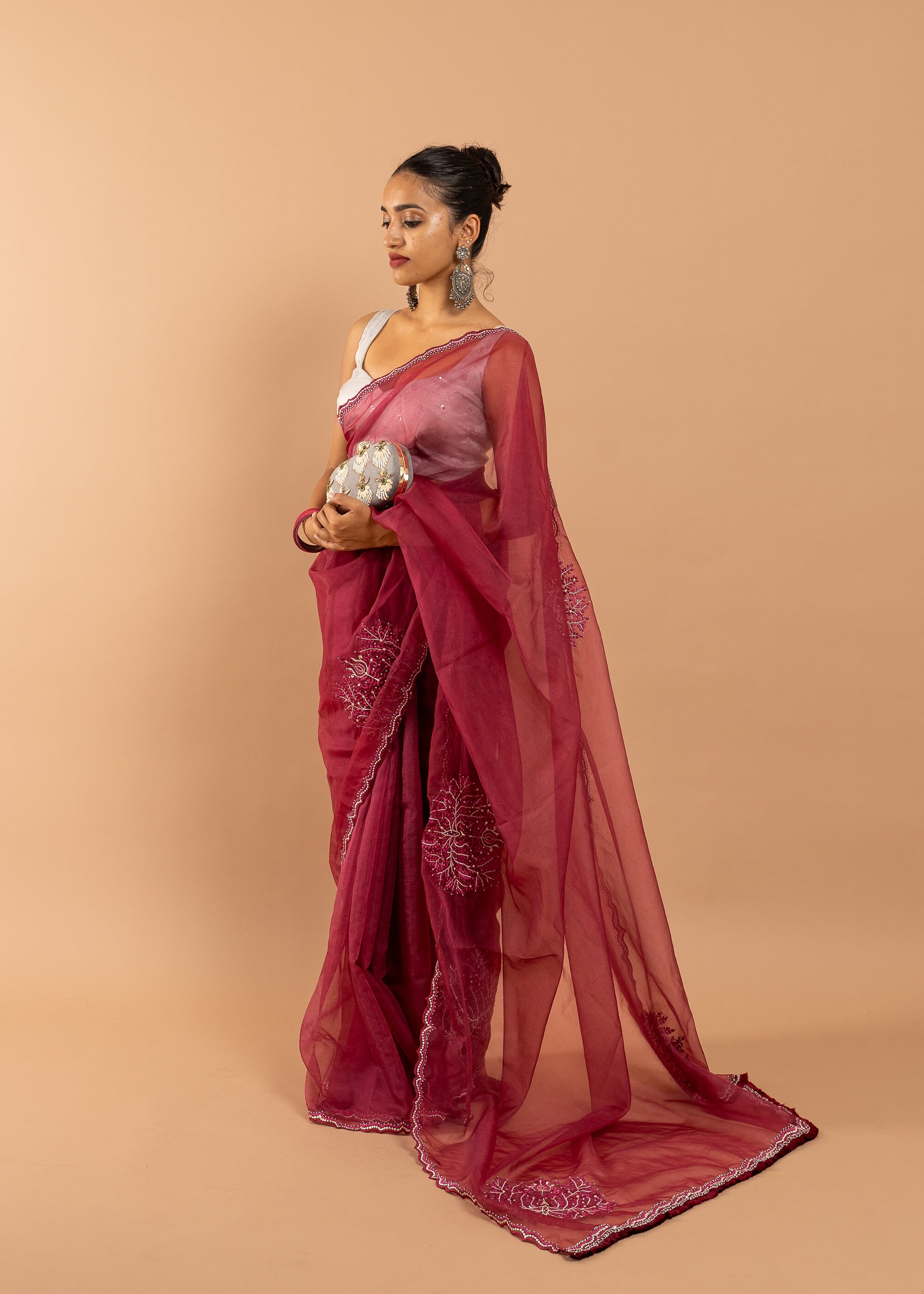 Red Saree With Silk Thread and Beads Handwork Embroidery Organza Saree ...