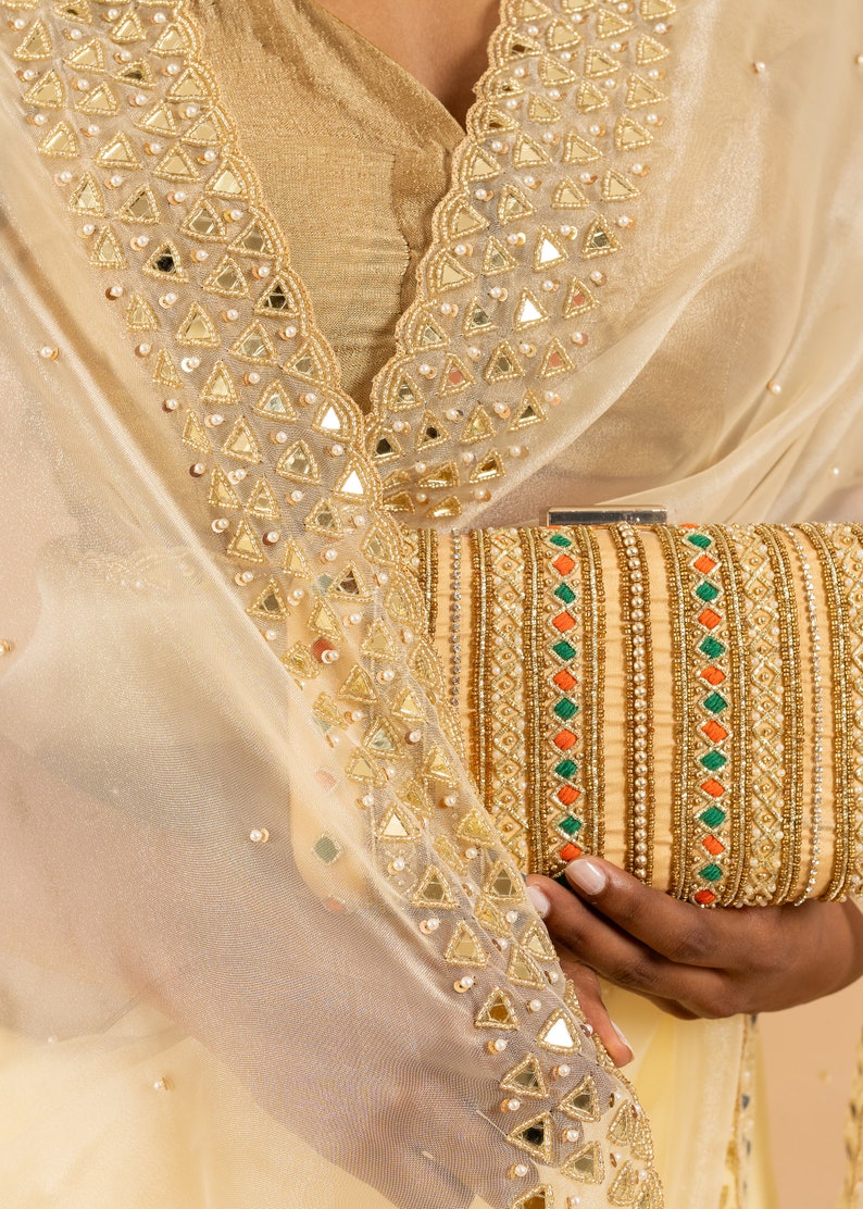 Gold Organza Saree With Gold Glasswork Thread and Zari Handwork and ...