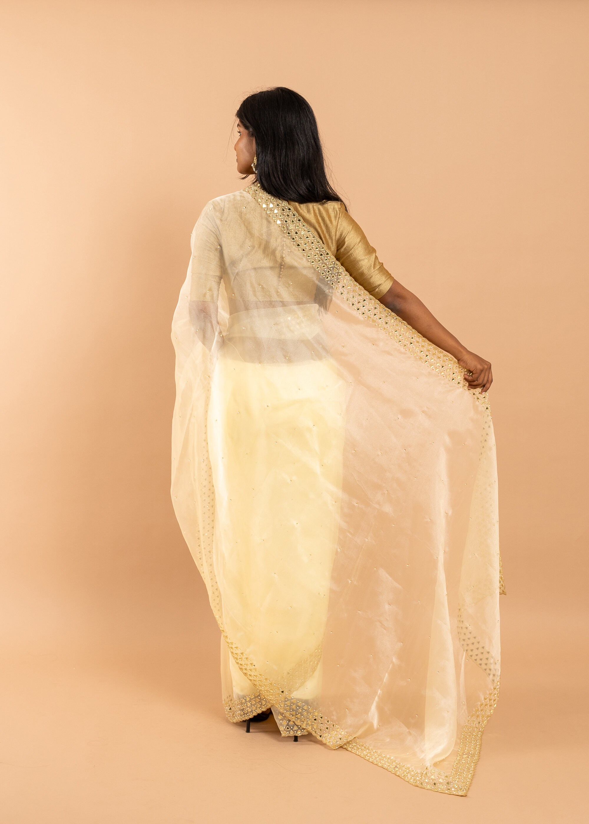 Gold Organza Saree With Gold Glasswork Thread and Zari Handwork and ...