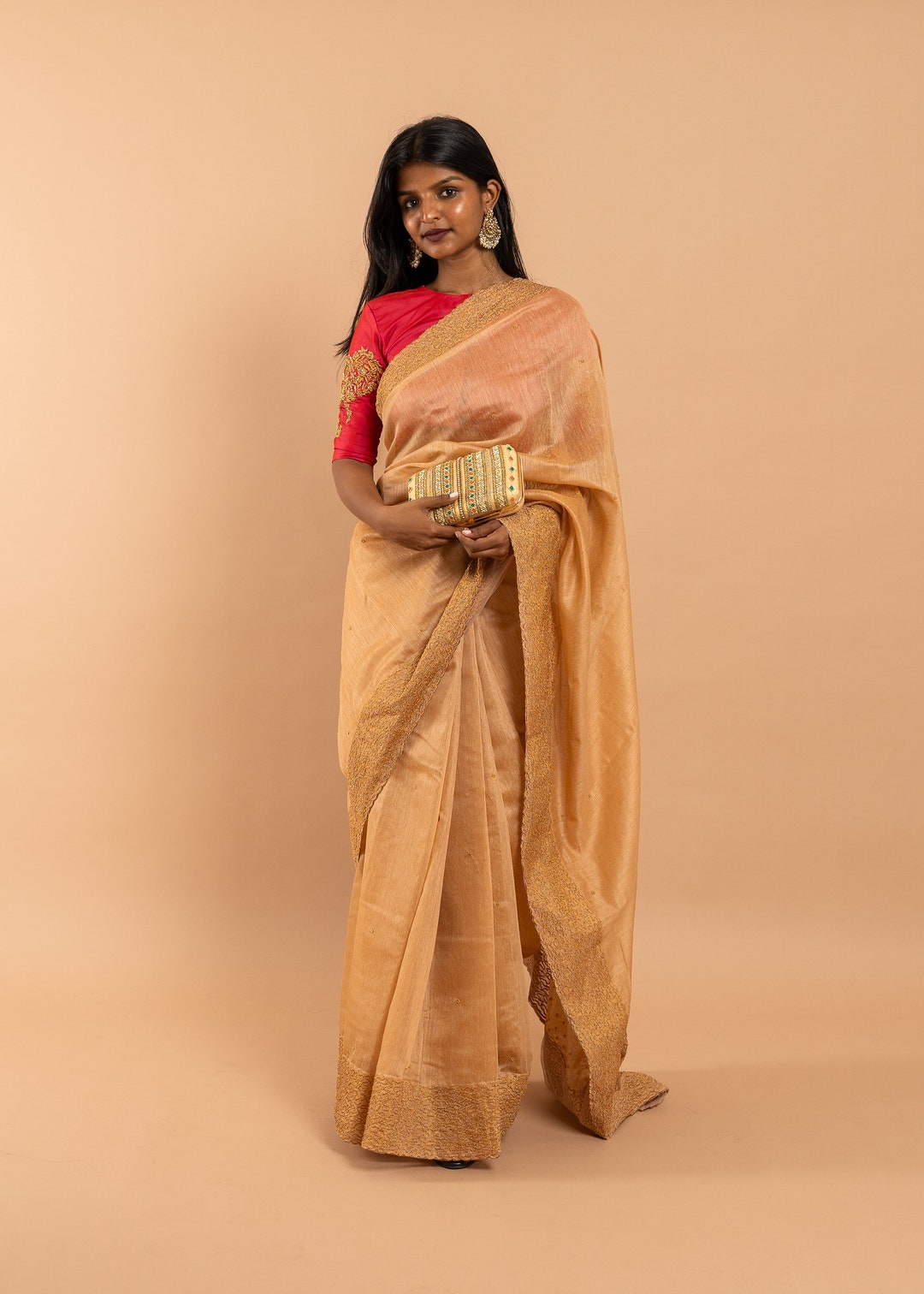 Antique Gold Saree With Silk Thread Handwork and Beads Embroidery ...