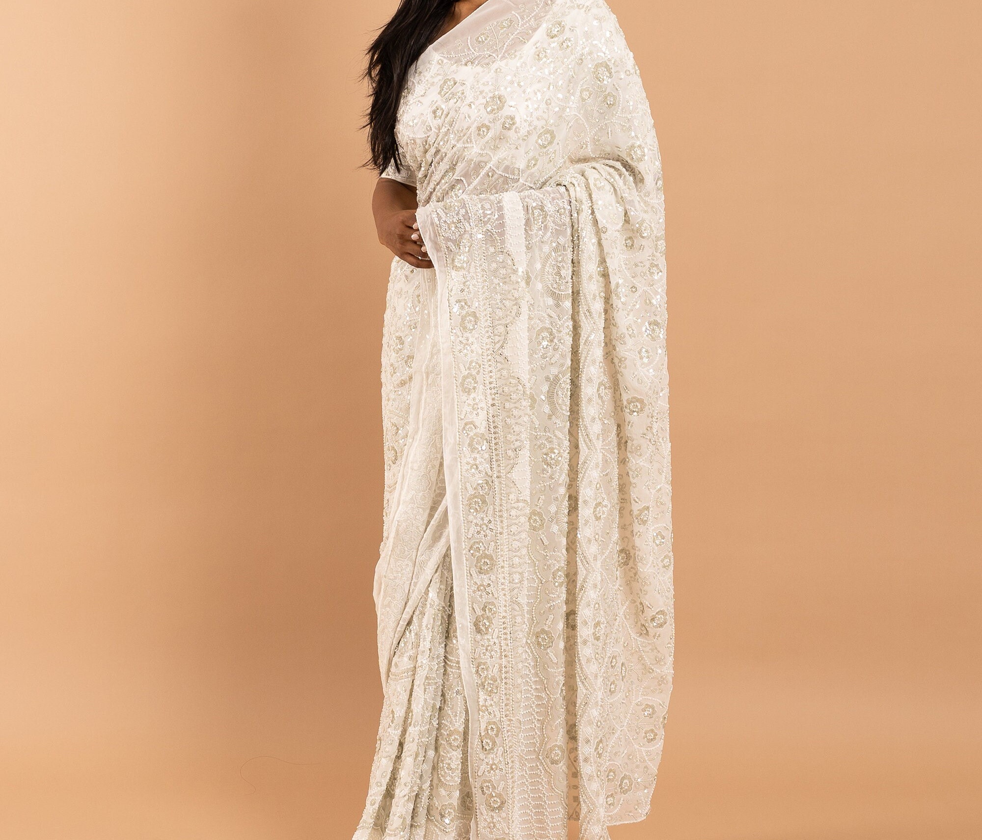 Ivory Saree With White Silk Thread and Sequins Handwork Embroidery ...