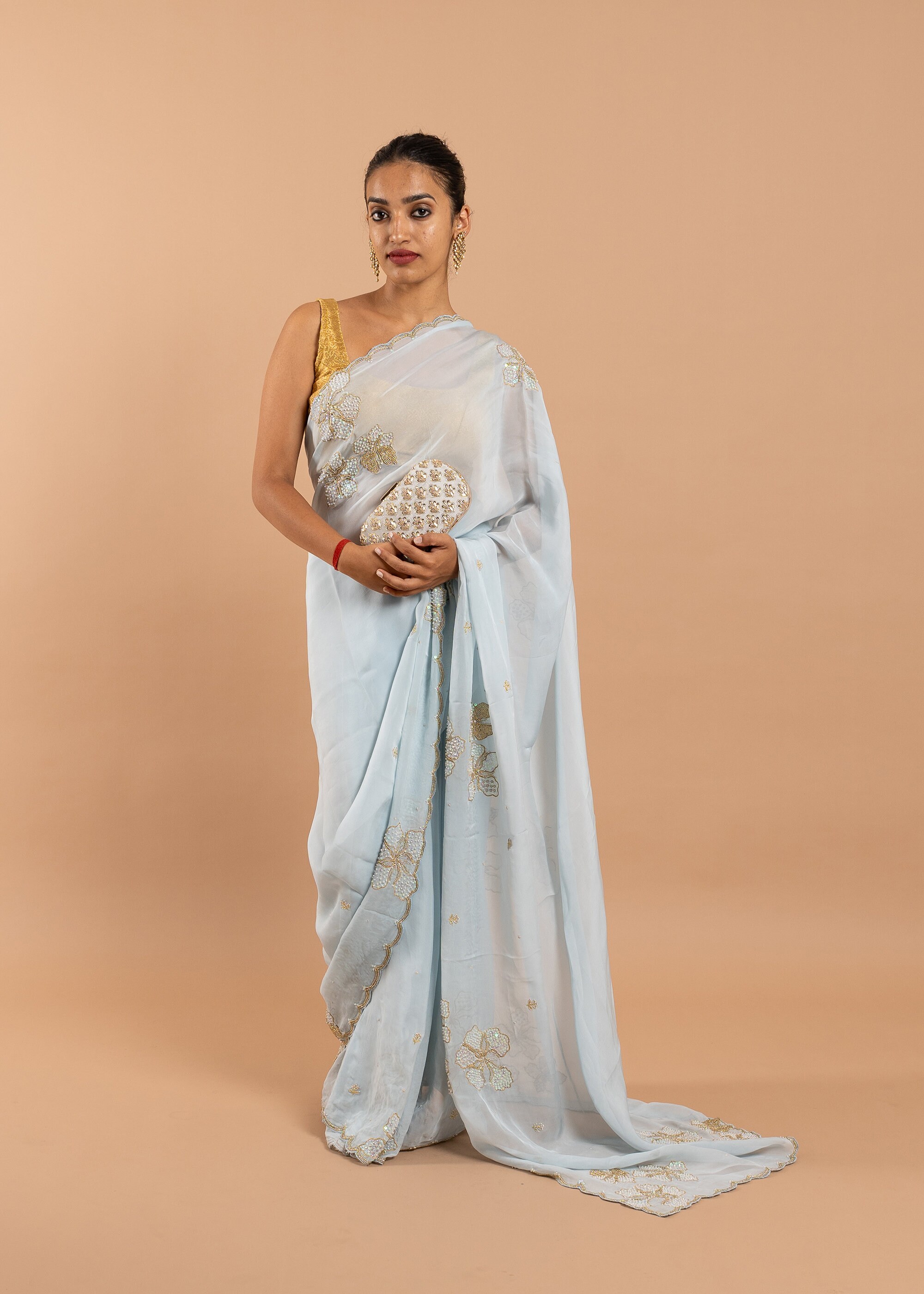 Blue Gold Saree With Silk Thread and Beads Handwork Embroidery Organza ...