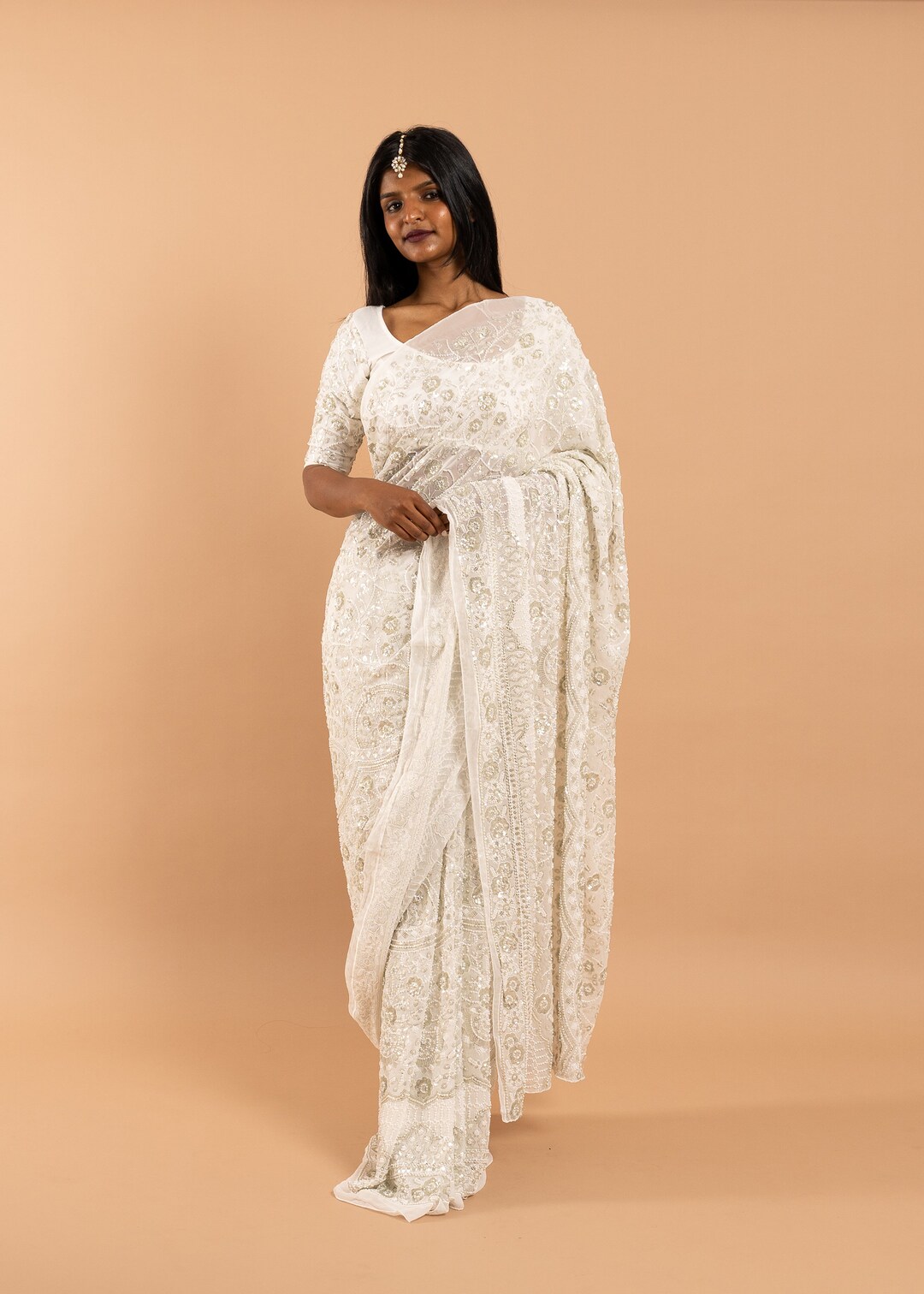 Ivory Saree With White Silk Thread and Sequins Handwork Embroidery ...