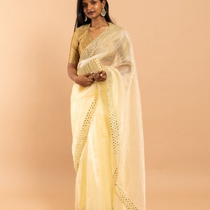 Gold Organza Saree With Gold Glasswork Thread and Zari Handwork and ...