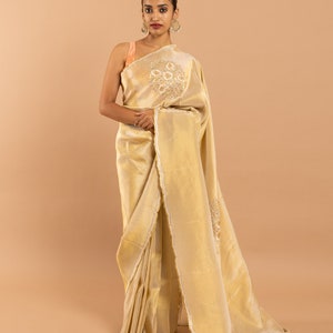 Gold Silk Blend Gold Silk Thread and Beads Handwork Saree Festive ...