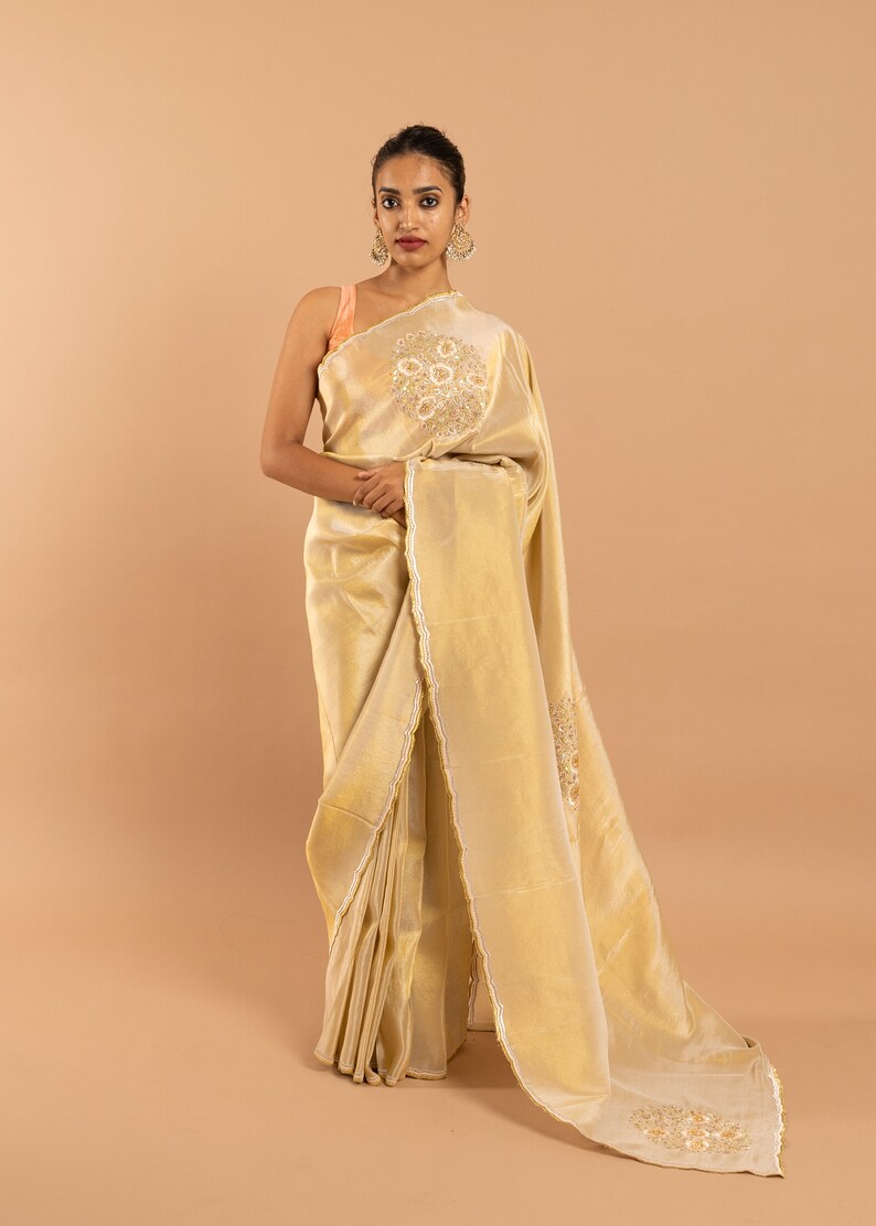 Gold Silk Blend Gold Silk Thread and Beads Handwork Saree Festive ...