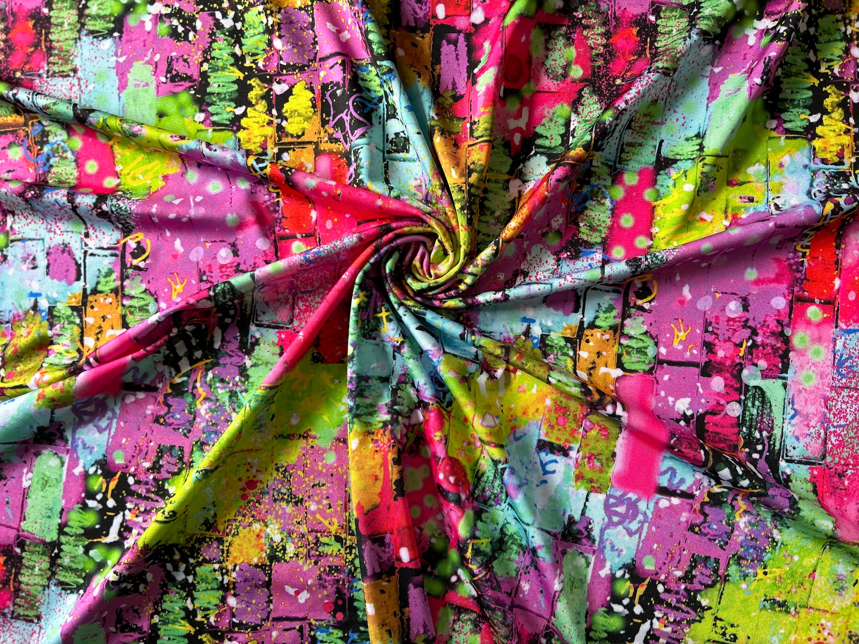 STRETCH PRINTED FABRIC - Colorful Abstract Brick Wall Print Fabric ...