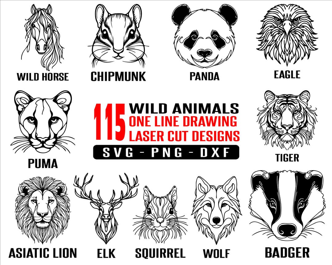 115 Wild Animals Head One Line Drawing, Laser Cut Ready, Wild Animals ...
