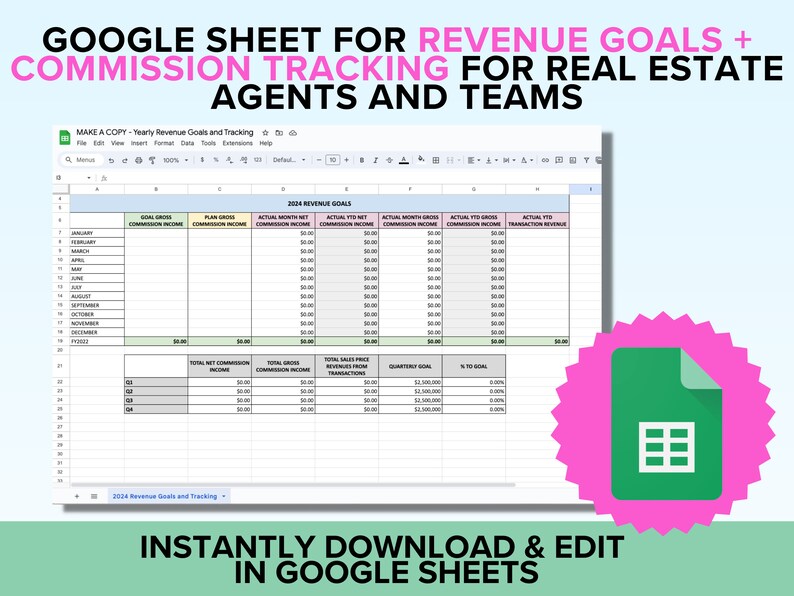 Real Estate Agent Goals, Revenue, and Commission Tracking (monthly ...