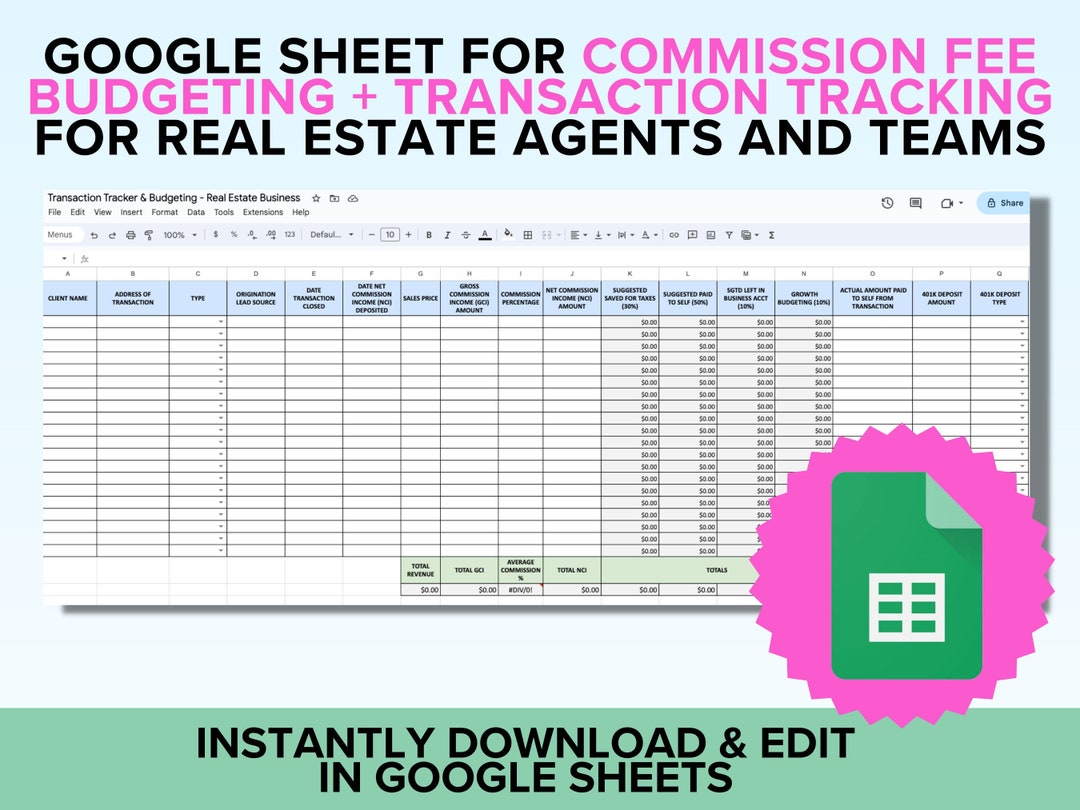 Real Estate Agent Transaction Tracker and Budgeting Google Sheets ...
