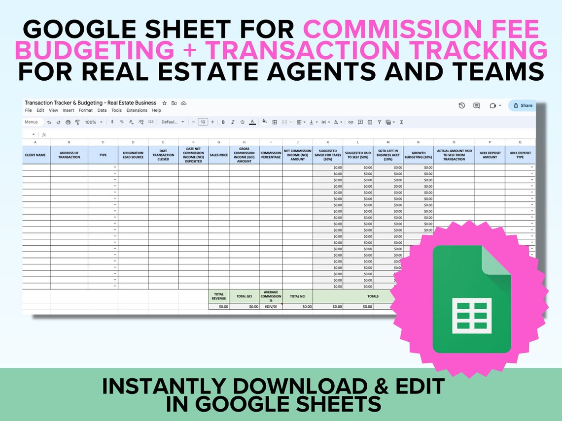 Real Estate Agent Transaction Tracker and Budgeting Google Sheets Template; Realtor Google ...