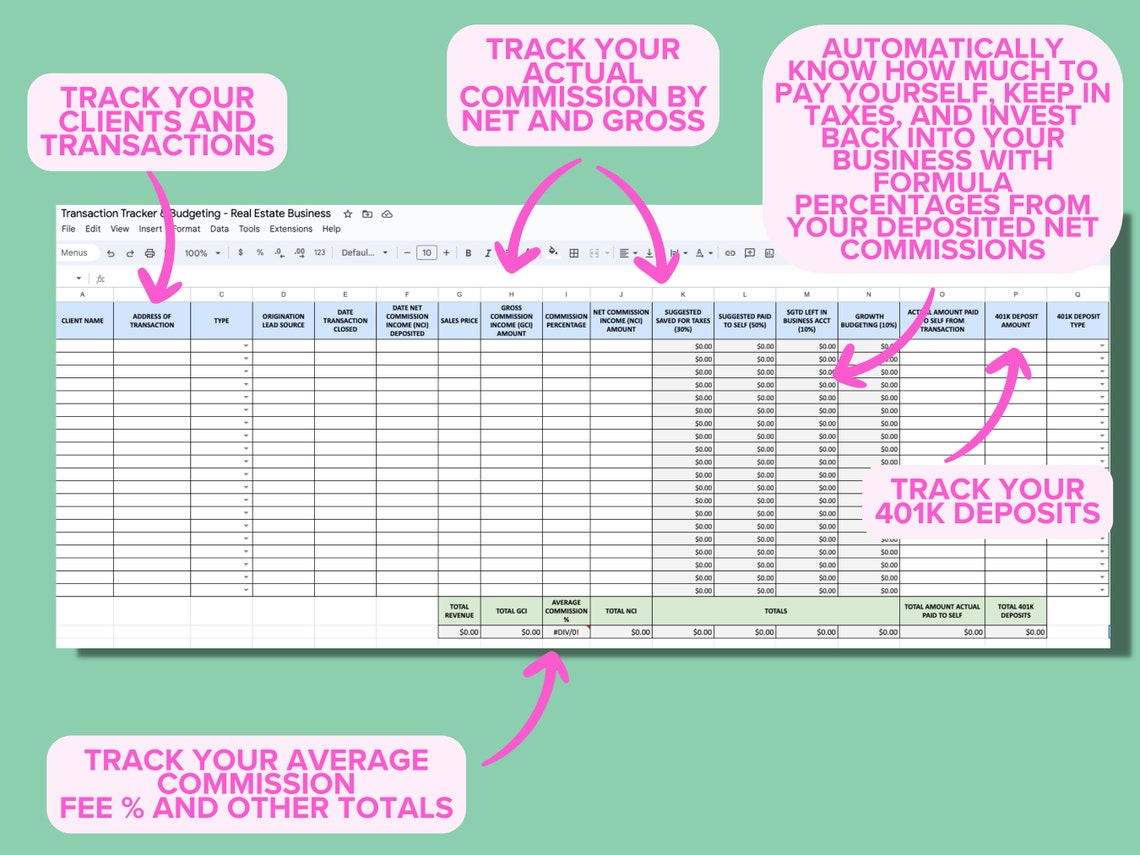 Real Estate Agent Transaction Tracker and Budgeting Google Sheets ...