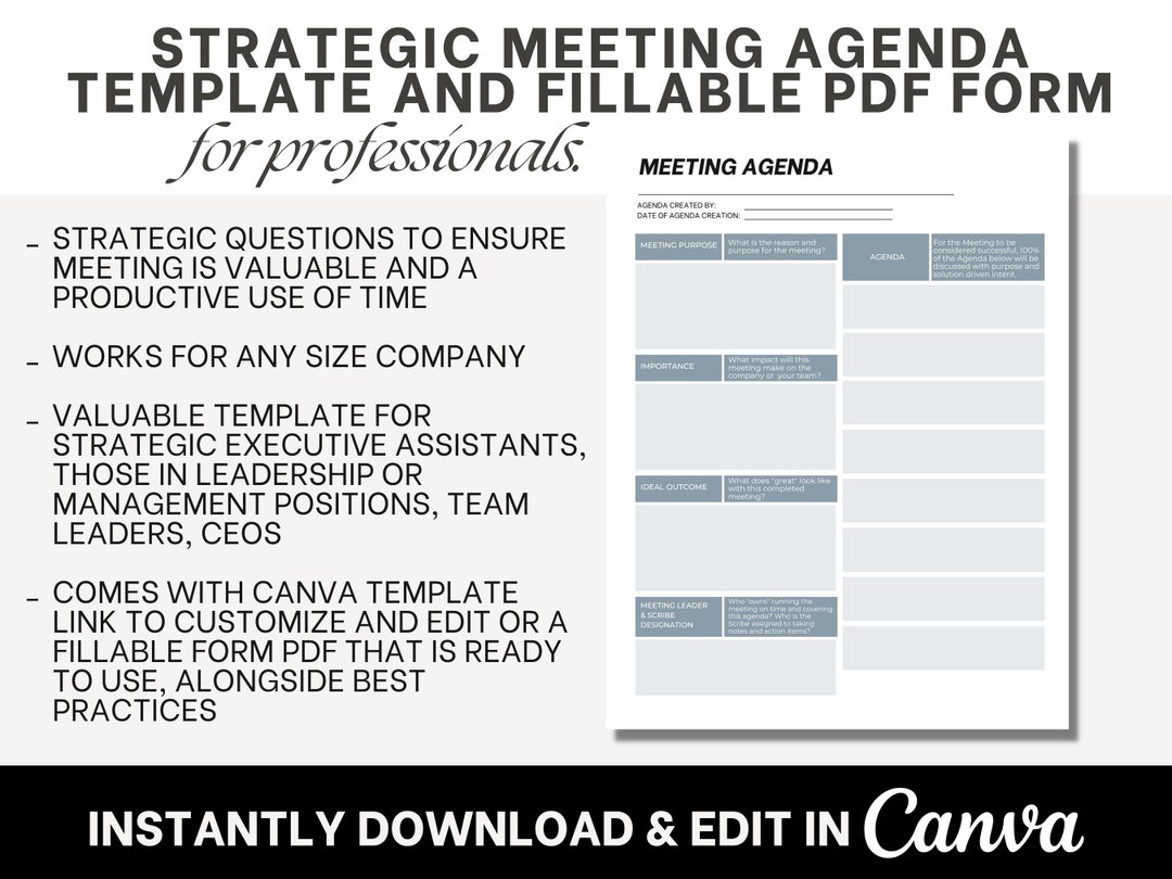 Meeting Agenda Canva Template & Fillable PDF Form | Canva Edit ...