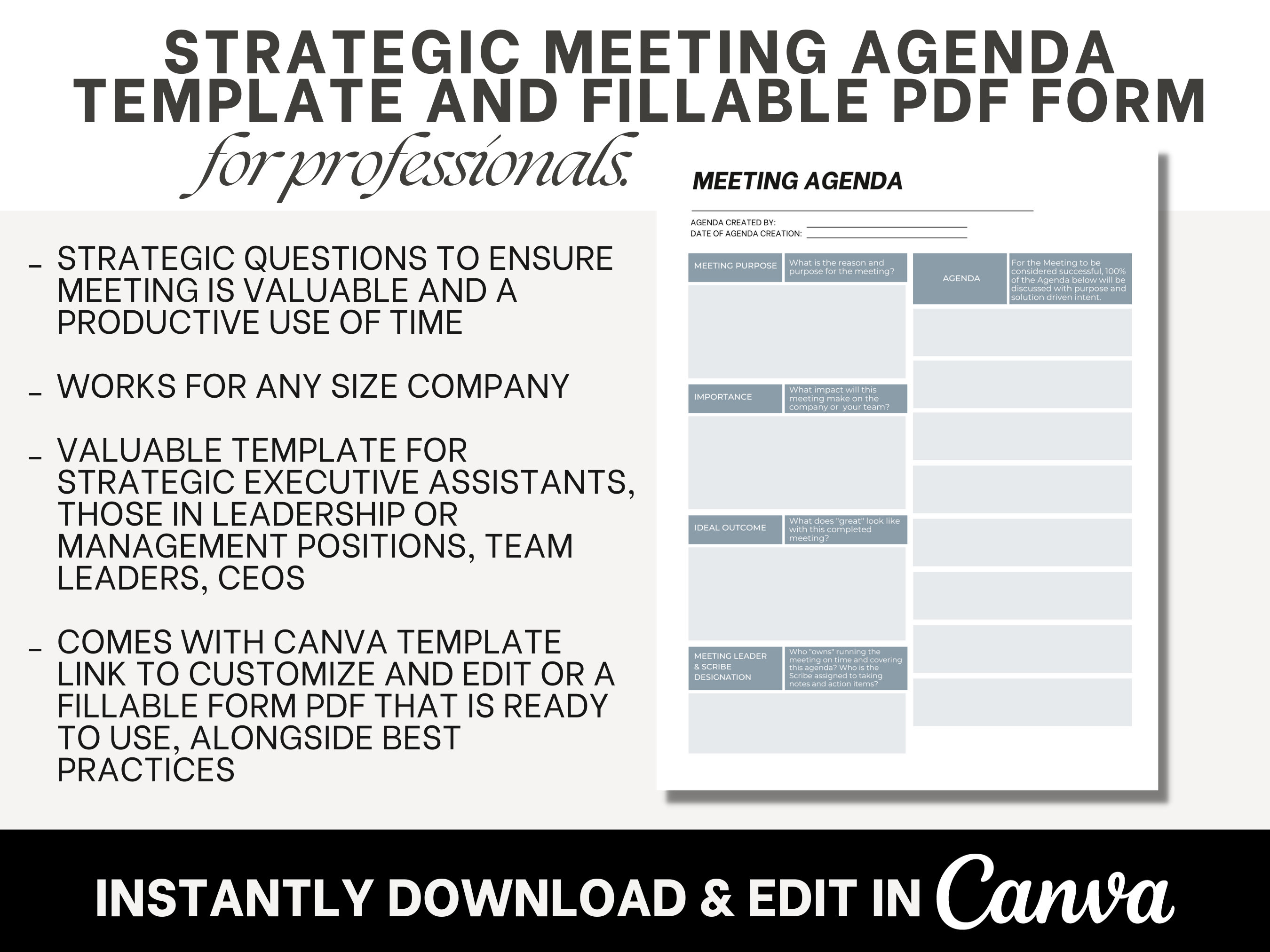 Meeting Agenda Canva Template & Fillable PDF Form | Canva Edit ...