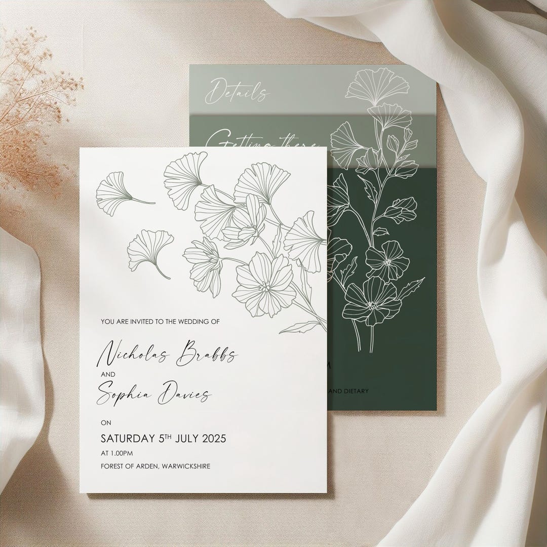 Invitation Cards, Sage Green, Custom Design, Minimalist Gingko ...