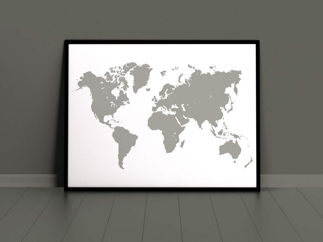 World Map Print Grey Color Map of the World Poster Gray Colour World ...