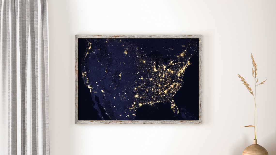 USA Map by Night Print United States Map Poster America Map Wall Art US ...