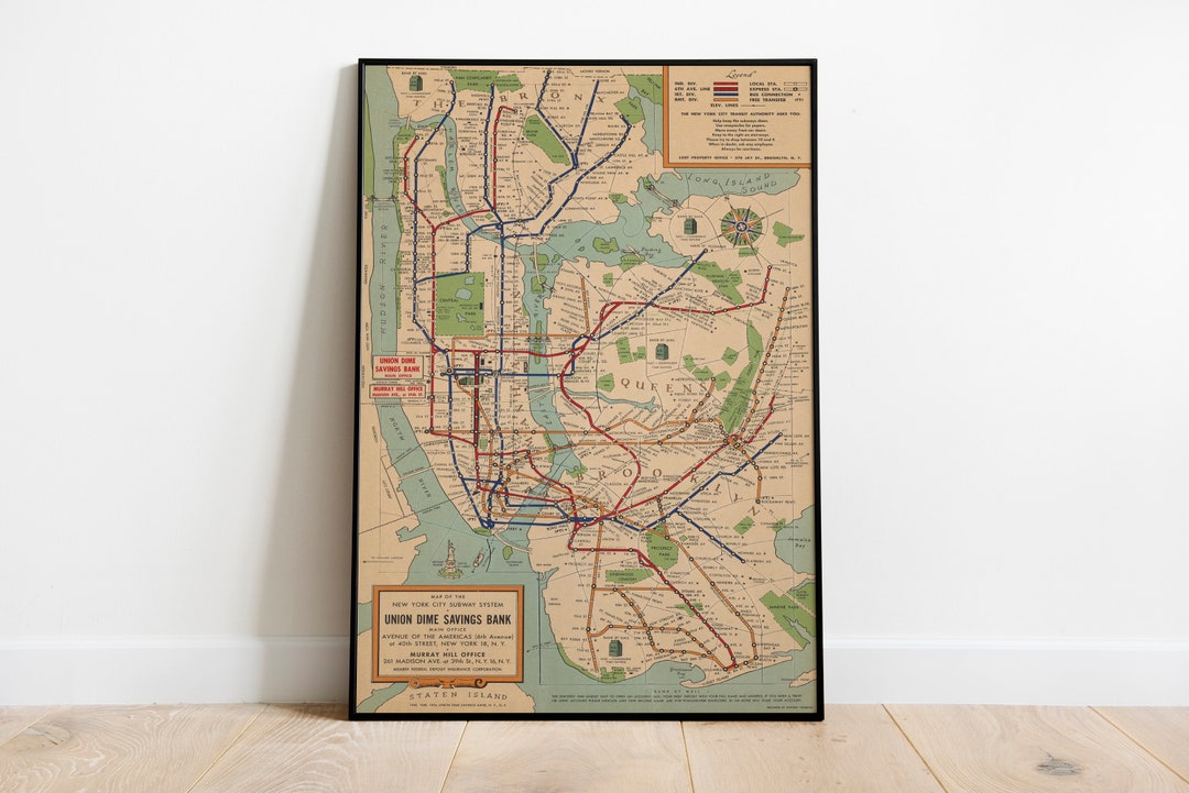 Vintage New York Subway Map 1954 Vintage NYC Subway Map Old New York ...
