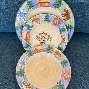 Adirondack Style Winter Scene Plates & Bowls: Pine Trees, Snowflakes ...