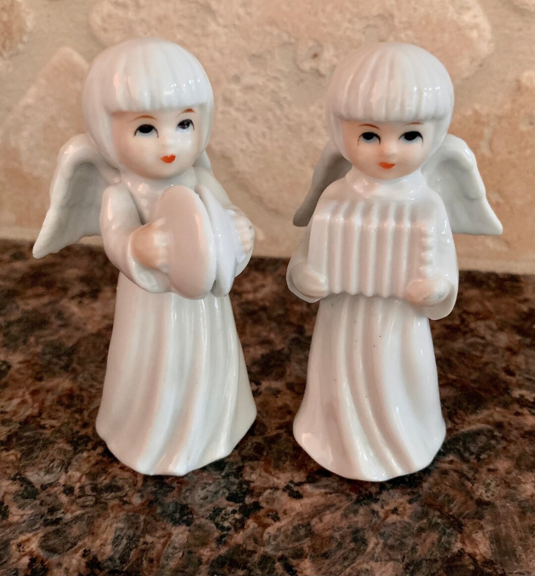 Set of 2 Vintage Musical Angel Figurines/white Porcelain Child Angels ...