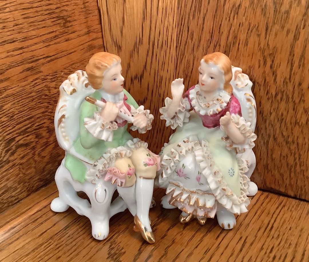VTG Pair Bone China Lace Figurines/hand Painted Porcelain Victorian Man ...