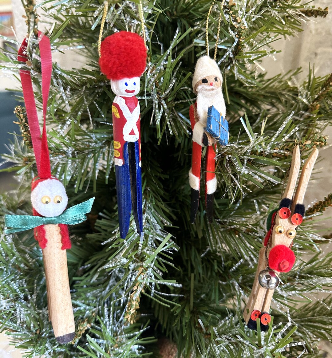 Set of 4 Vintage Clothespin Christmas Ornaments: Santa, Nutcracker ...