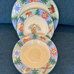 Adirondack Style Winter Scene Plates & Bowls: Pine Trees, Snowflakes ...