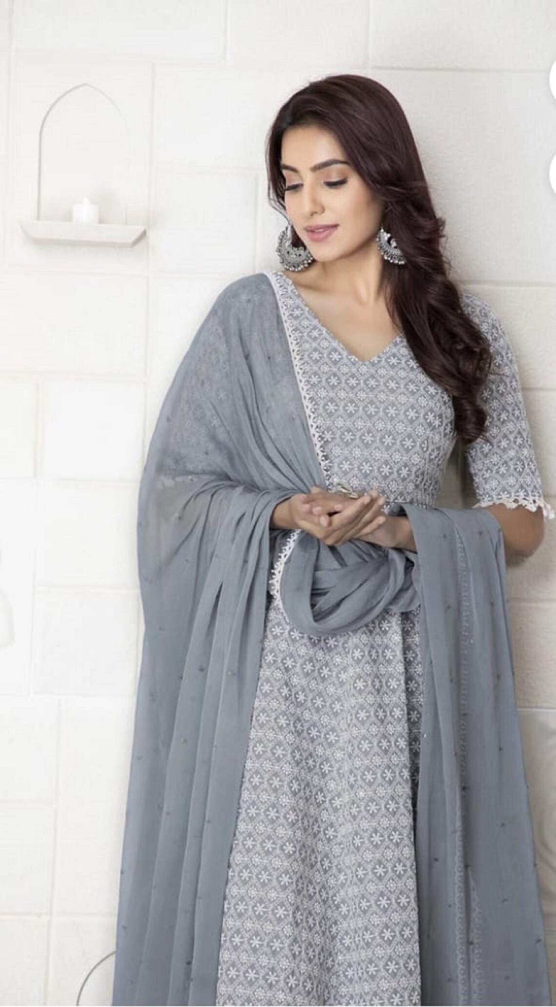 Indian Beautiful Chikan Kari Fabric Anarkali Long Gown Kurti - Etsy
