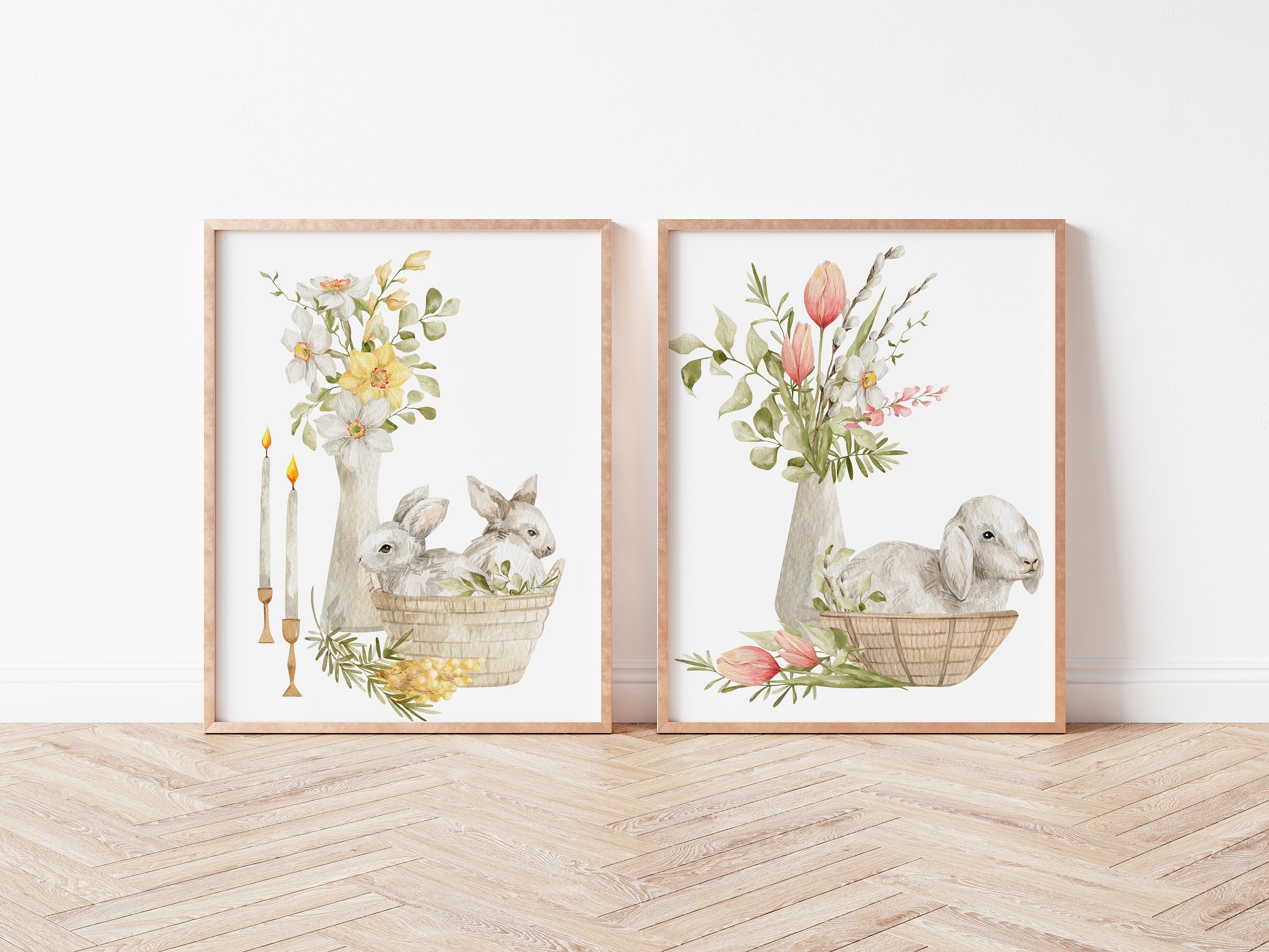 Set of 2 Spring Animal Wall Art Farmhouse Printable Easter Print Flower ...