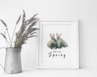 Hello Spring Printable Spring Wall Art Watercolor Rabbit - Etsy