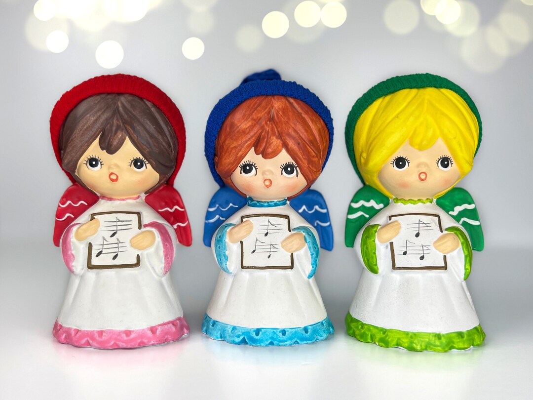 3 Kitschy Ardco Angels Red Blue Green With Music & Stocking Caps Made ...